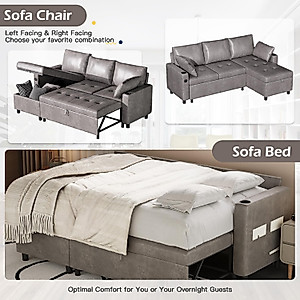Esright Sleeper Sofa Couch with Pullout Bed, Faux Leather Sofa Bed Pull Out Couch Bed Sofa Pull Out Couch with Storage, Sectional Sleeper Sofa Couch with Pull Out Bed for Living Room Clearance, Grey