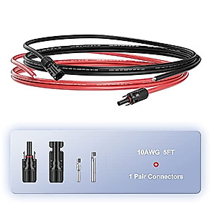 SUNSUL 5 Feet 10AWG(6mm²) Solar Panel Wire, 10 Gauge 5FT Black & 5FT Red Tinned Copper Extension Cable Kits with Female and Male Connector for RV Home Boat and Any Other Off-Grid Applications