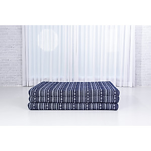 Leewadee Trifold Mattress XL – Comfortable Thai Massage Pad, Foldable Relaxation Floor Mattress Filled with Kapok, Perfect to Use as a Sleeping Mat 79 x 39 inches, Blue White