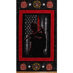 23.5" X 43" Panel Firefighters Fireman Firefighting Fire Station Flag Fire Department Emblem Heroes Rescue Red Black Cotton Fabric Panel (D570.89) Officially Licensed Sykel Enterprises