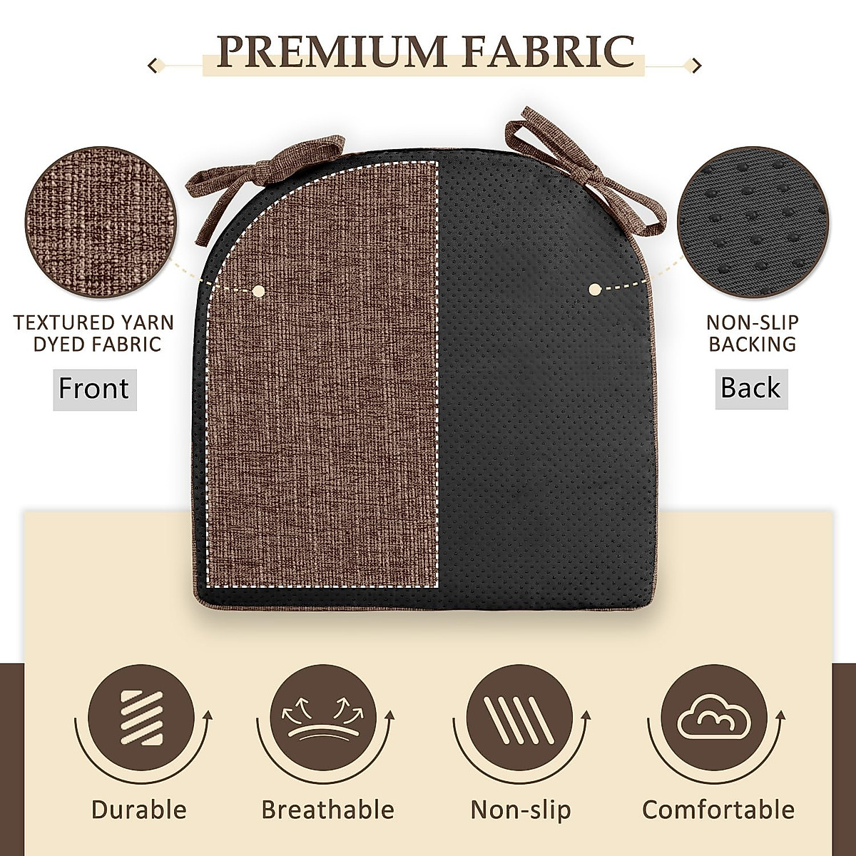 Wellsin Chair Cushions for Dining Chairs 6 Pack - Kitchen Chair Cushions with Ties and Non-Slip Backing - Dining Chair Pads 16"X16"X2", Brown