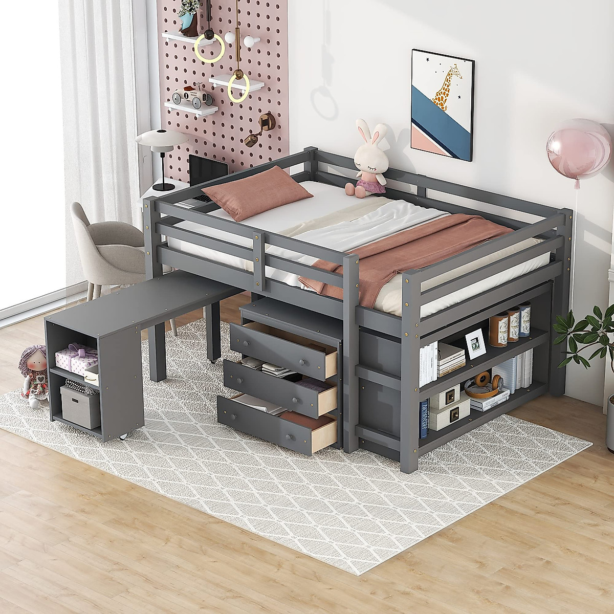Bellemave Low Full Loft Bed with Desk and Dresser Wood Kids Loft Beds Frame with Cabinet & Storage Shelves & Rolling Portable Desk for Juniors, Teen, Boys, Girls, Full Size, Gray