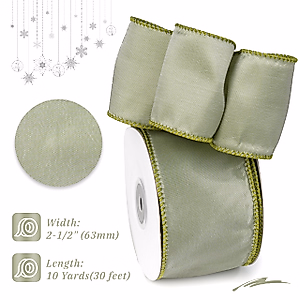 DINDOSAL Sage Green Christmas Ribbon Wired 2.5" x 10 Yard Dusty Green Wired Ribbon Green Wired Ribbon for Christmas Tree Decorations, Topper Bows, Wreaths, Crafts, Home Decor, Gift Wrapping