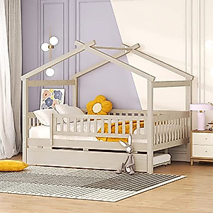 DEINPPA Full House Bed with Trundle, Kids Bed with Fence Guardrails, Wood Bed Frame, Decorative Roof Designs, No Box Spring Needed, for Boys Girls Toddler Kids-Natural