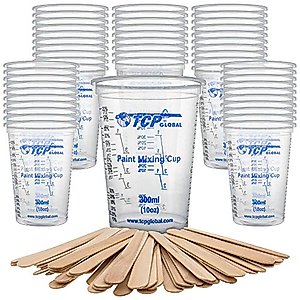 TCP Global 10 Ounce (300ml) Disposable Flexible Clear Graduated Plastic Mixing Cups - Box of 50 Cups & 50 Mixing Sticks - Use for Paint, Resin, Epoxy, Art, Kitchen - Measuring Ratios 2-1, 3-1, 4-1, ML