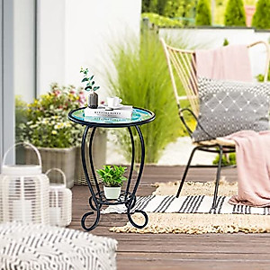 HONGLAND Mosaic Outdoor Side Table, 14" Round Patio Side Table, Mosaic Plant Stand, End Table W/Storage Shelf, Small Bistro Coffee Table for Garden Patio Porch Living Room(Green)