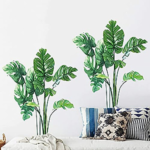 Monstera Leaf Wall Decals 2 PCS Palm Leaves Wall Stickers for Living Room, Green Tropical Plants Wall Decor Posters Vibrant Jungle Leaves Wallpaper for Bedroom Nursery