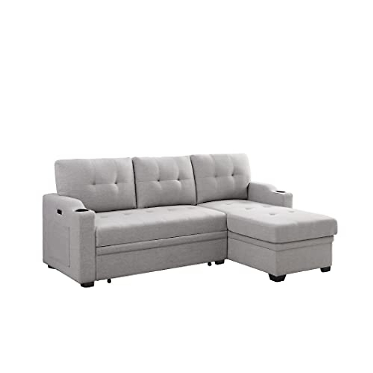 FANYE Linen Upholstery Tufted Sofa&Couch,L-Shaped Corner Reversible Sleeper Sectional Sofa Couch Sofabed w/Storage Chaise,Cupholders, USB Charging Port and Pockets for Living Room Furniture Set