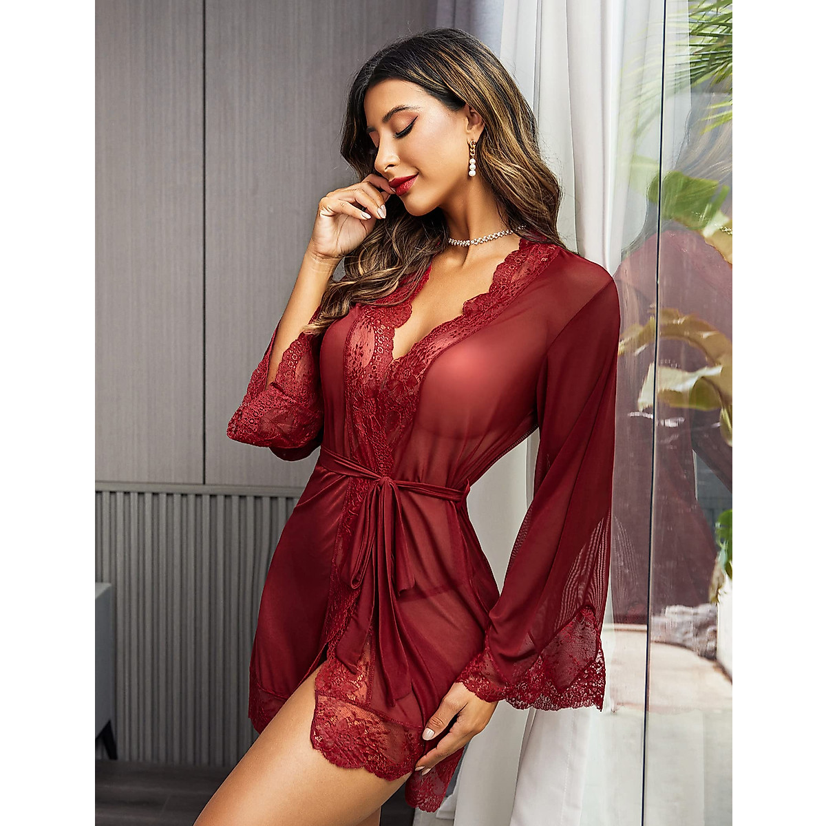 Avidlove Women Lace Kimono Robe Babydoll Sexy Lingerie Mesh Chemise Nightgown Cover Up