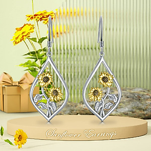 Sunflower Earrings Sterling Silver Flower Floral Dangle Dangling Drop Charm Earrings Boho Jewelry Christmas Gifts for Women