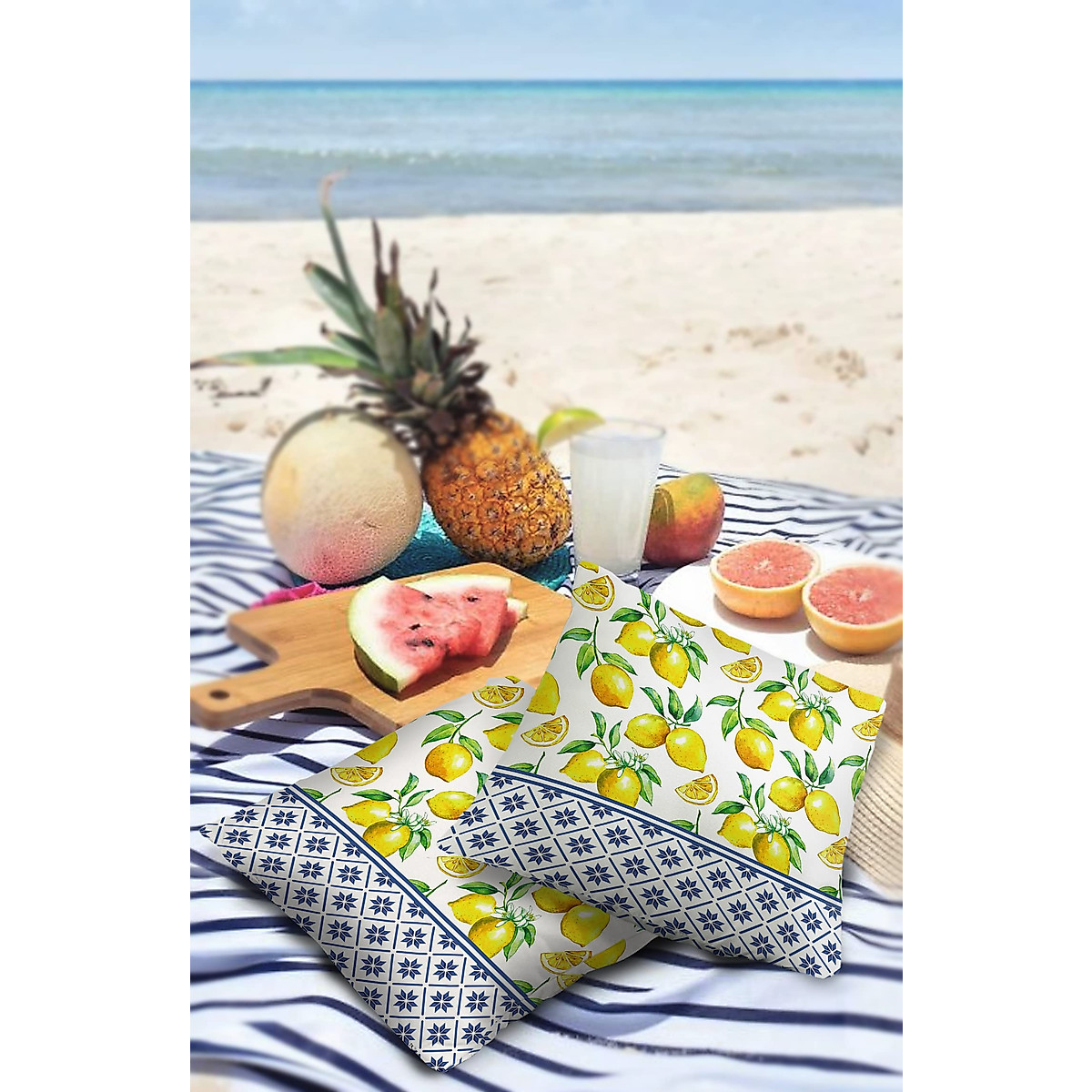 Throw Pillows for Couch Pack of 2 Waterproof Throw Pillow Covers 16x16 Inch, Outdoor Pillows Cushion Case for Bed Sofa Outdoor Furniture, Summer Lemon Texture Decorative Pillows Cover