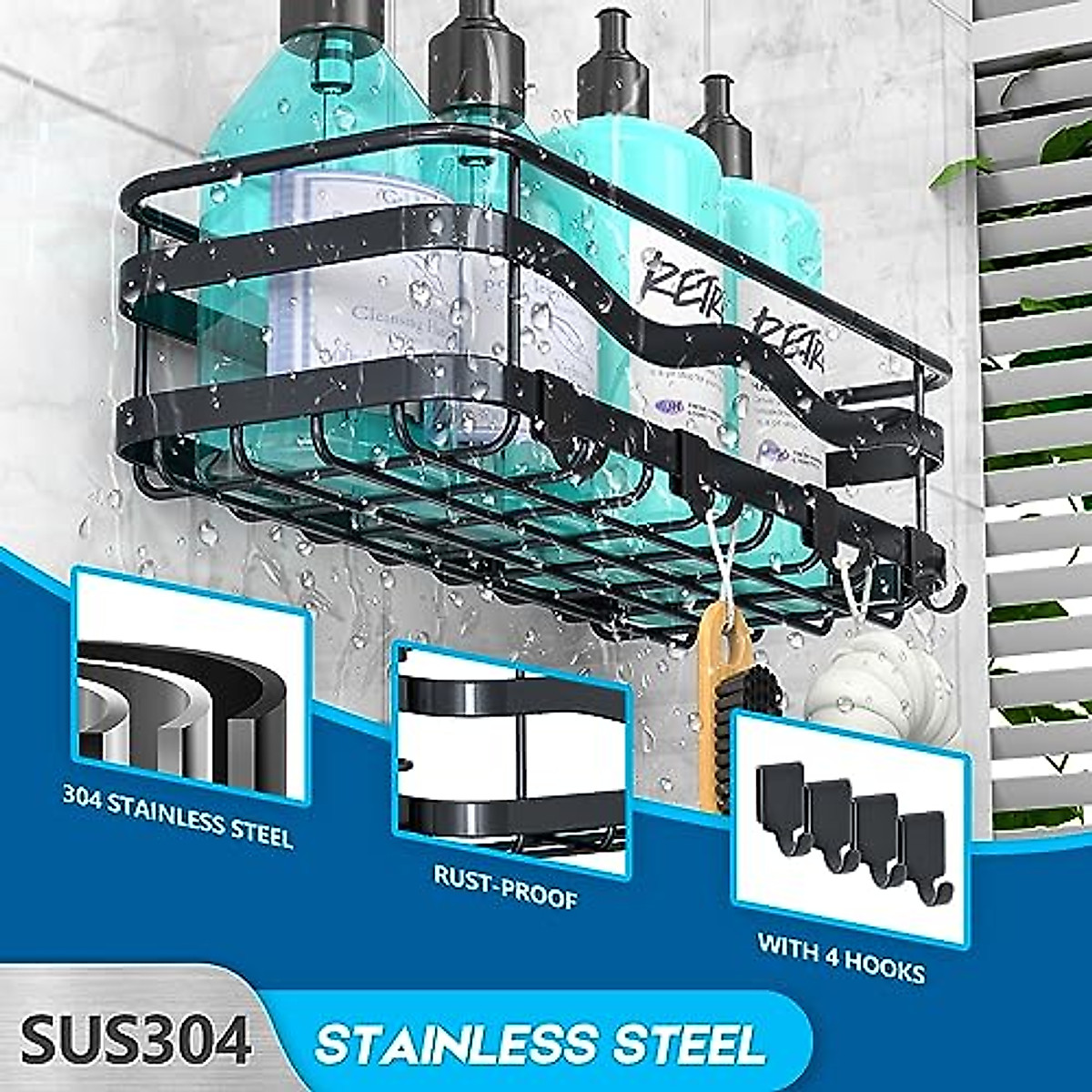 3Free 6 Pack Shower Caddy, Strong Adhesive Shower Organizer with Soap Holders No Drilling Shower Shelves, Rustproof SUS304 Stainless Steel Bathroom Shower Shelf for Inside Shower (Black)