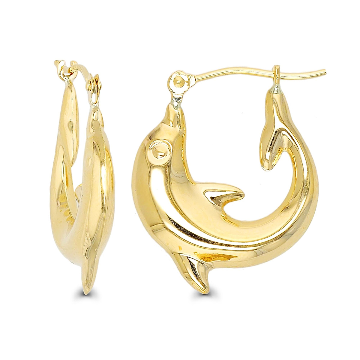 14K Yellow Gold 3mm Thick High Polished Dolphin Hoop Earrings For Women | 3x20mm Solid Gold Hoops For Women
