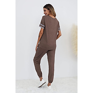 PRETTYGARDEN Women's Two Piece Lounge Sets 2025 Spring Summer Jogger Pants Vacation Outfits Travel Airplane Matching Clothes (Striped Dark Khaki,X-Large)