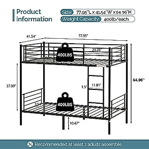 Bonnlo Bunk Bed Twin Over Twin, Twin Bunk Beds for Kids/Teens/Adults, Flat Ladder and High Guardrail, Metal Bunk Bed with Stairs, Black