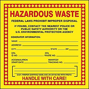 Accuform Hazardous Waste Adhesive-Poly Vinyl Label, Pack of 100, Legend "Hazardous Waste - Federal Laws PROHIBIT Improper Disposal...Handle with Care!", 6" x 6", Red/Black/Yellow, MHZW20EVC