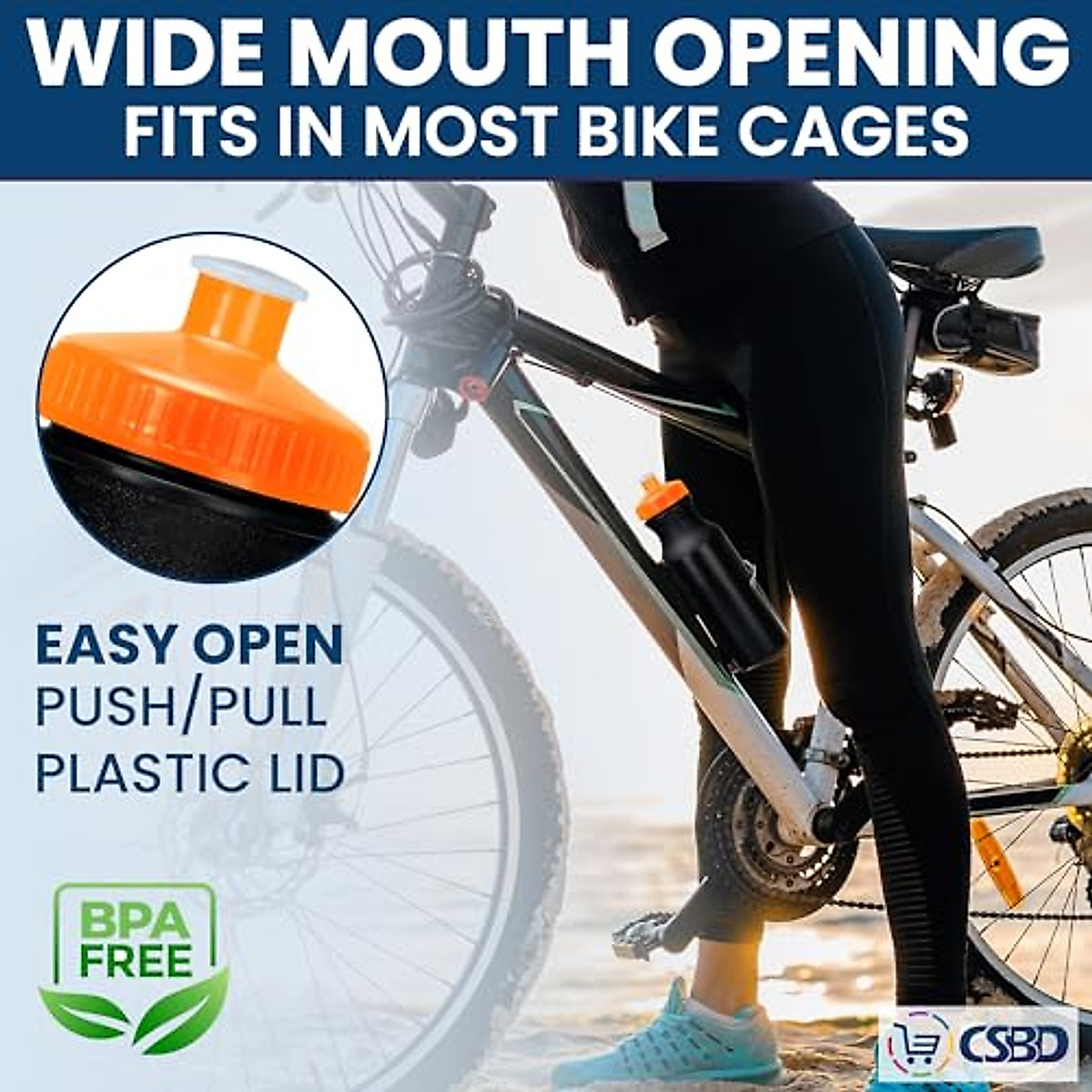 CSBD 20 oz. Bulk Water Bottles, Made in USA, Blank Plastic Reusable Water Bottles for Gym, Cycling, BPA Free, Plastic Water Bottles Pull Top Cap for Sports, Black Bottle/Neon Orange Lid - 10 Pack