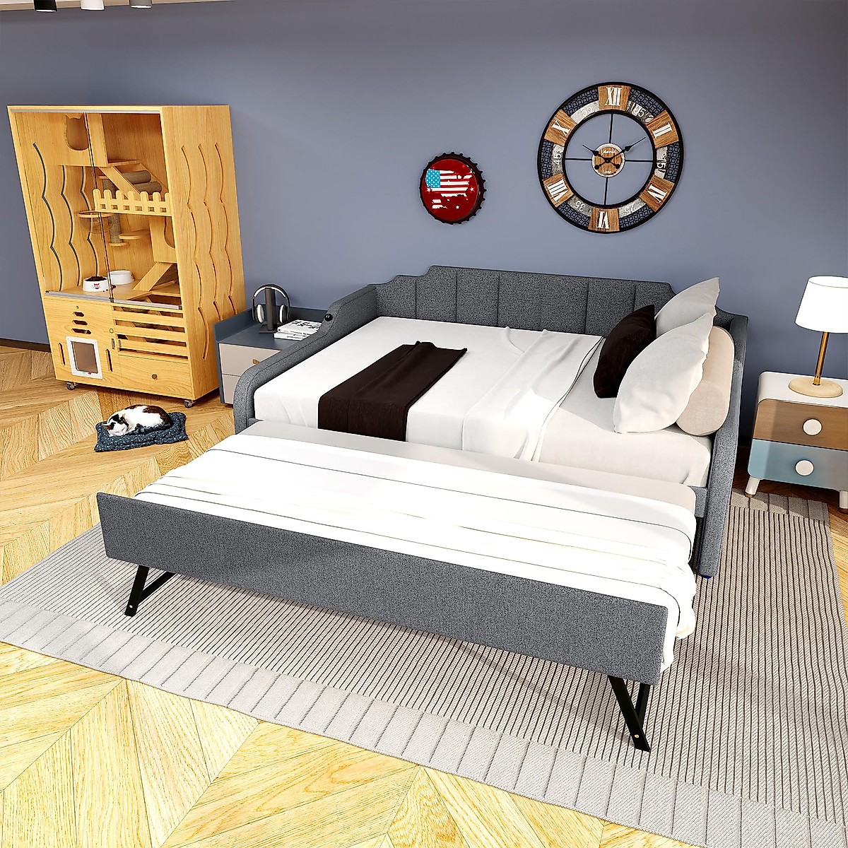 LUSPAZ Upholstered Elegant Daybed with Adjustable Pop Up Trundle and USB Charging Design, Full Size Sofa Bed with Button Design, Wood Slat Support Daybed for Family, Teens, (Gray + Pine)