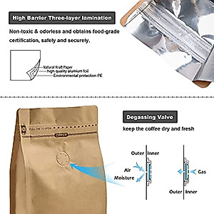 4 Ounce 50 Pieces High Barrier Kraft Paper Coffee Bags Stand Up/Flat Bottom Coffee Pouches with Air Release Valve and Reusable Pull Tab Side Zipper (50, 4oz/0.25lb/100gm)