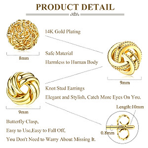 HAIAISO 3 Pairs Gold Love Knot Earrings For Women 14K Gold Plated Woven Ball Stud Earrings Love Knot Post Earrings for Sensitive Ears(Gold)