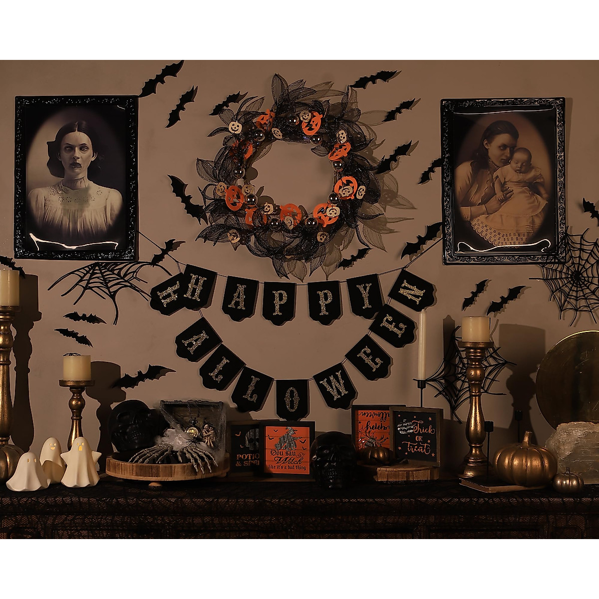 DN DECONATION Halloween Decorations Indoor Set, 24PCS Happy Halloween Banner Bundle, Halloween Garland Fireplace Mantel Decoration for Wall, Scary 3D Bat Spider Web for Spooky Party Home Office Decor