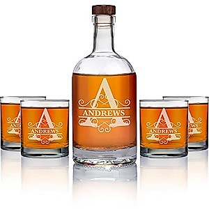 Personalized Whiskey Decanter Set for Men - Custom 5PC Monogram Whiskey Decanter and Glass Set - Scotch, Liquor Cups for Dad - Customized Bourbon Decanter Set with Glasses by On The Rox Drinks