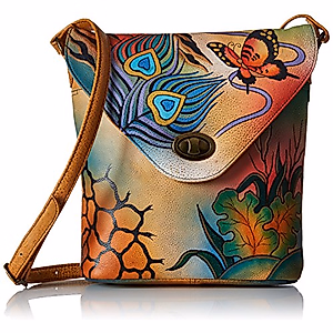 Anna by Anuschka Genuine Leather V-Shap Flap Crossbody Bag | Hand-Painted Original Artwork | Peacock Collage