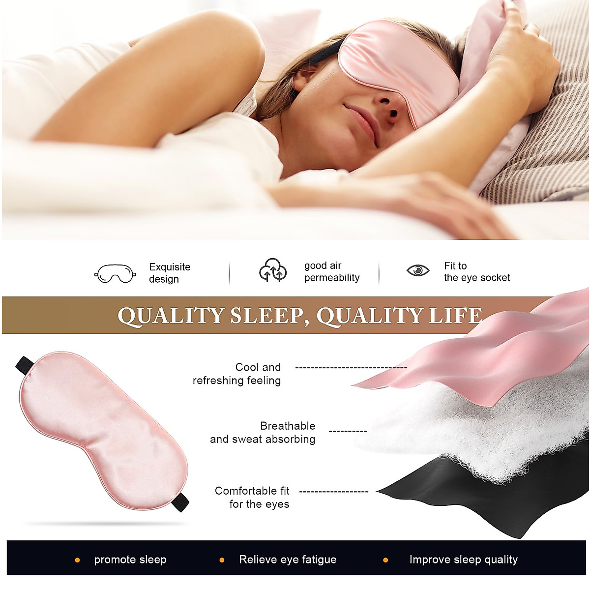 Sleep Mask Silk Eye Mask for Sleeping, Super Soft Blackout Eye Mask for Women Men, Side Sleeper Eye Covers for Sleeping with Adjustable Straps, Travel Eye Mask, 3 Pack