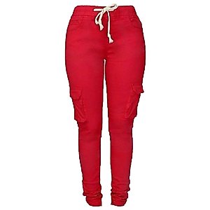 Andongnywell Womens Solid Color Stretch Drawstring Skinny Pants Cargo Joggers Butt Lift Pant with Pockets (red,X-Large)