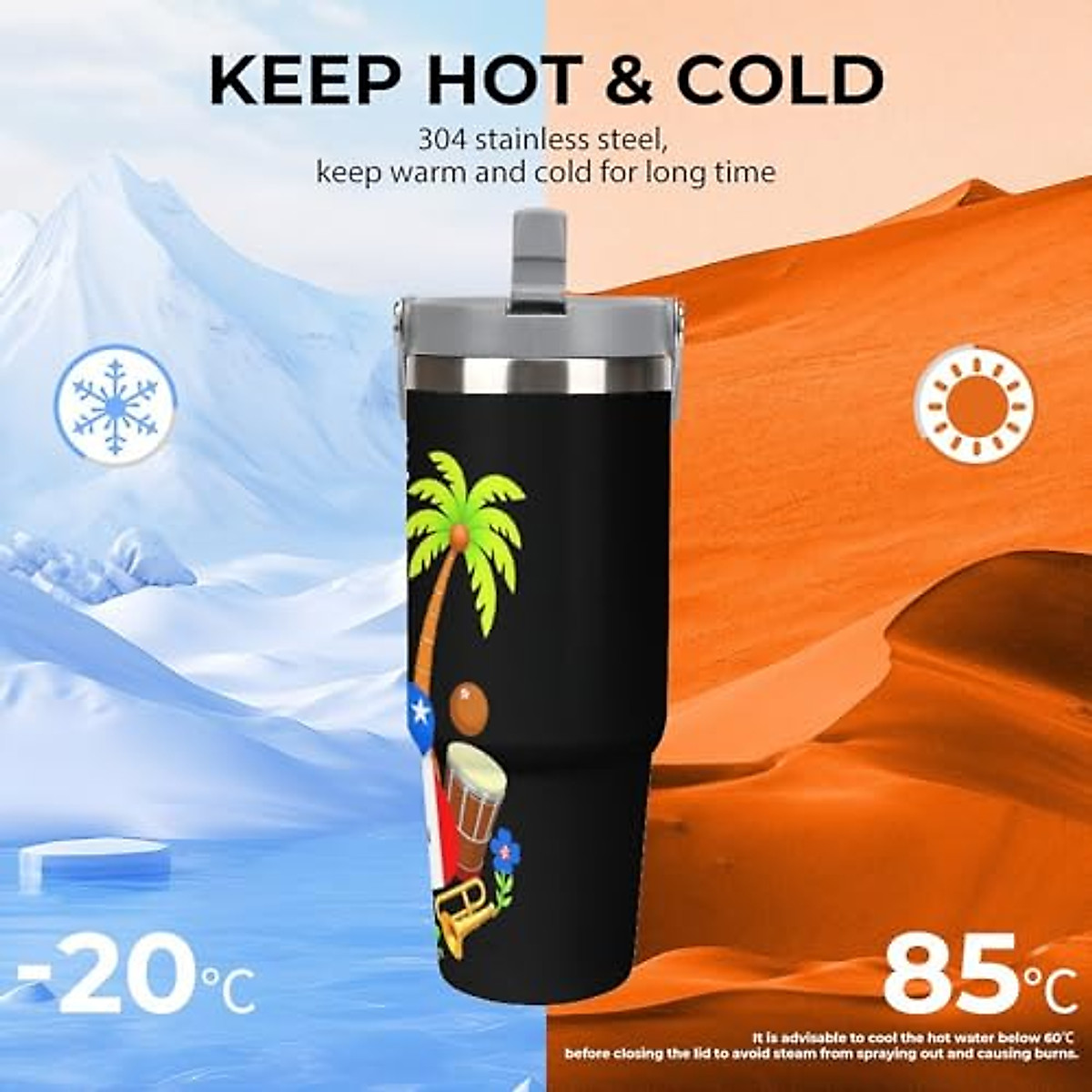 Chef Frog Porto Rico (4) 30 OZ Insulated Tumblers with Handle And Straw Leakproof Vacuum Insulated Stainless Steel Water Bottle for Car Fishing Travel