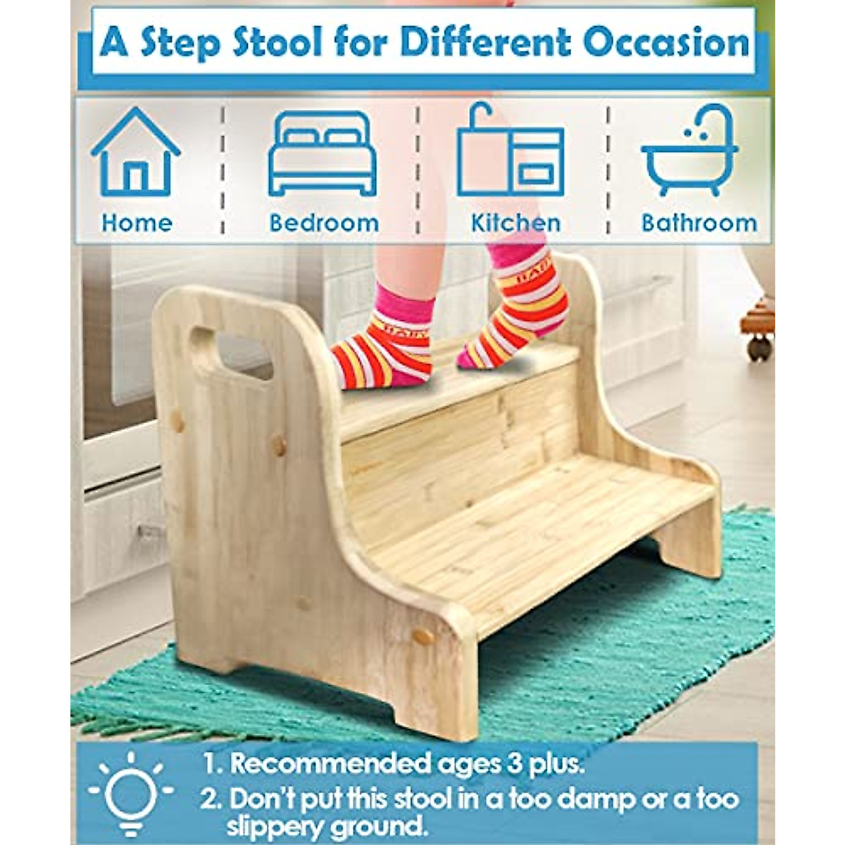 Garbuildman 2 Step Stool for Kids, Bamboo Toddler Stepping Stool with Handles for Children, Detachable Small Bathroom Toilet Potty Training & Kitchen Kid’s Learning Step Stool