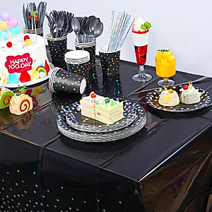 Black and Iridescent Silver Dot Party Decorations Serve 25, Black Holographic Paper Plates and Napkins, Disposable Party Plates Cups Napkins for Fathers Day Retirement Birthday Graduation Prom Party