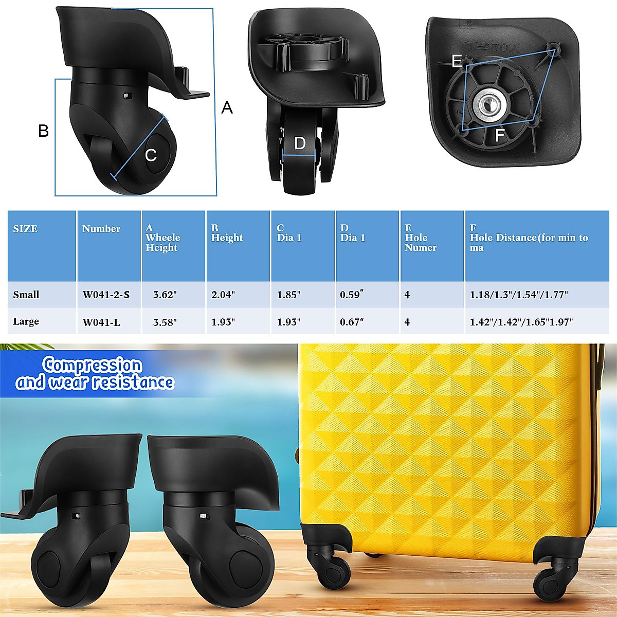 Silkfly 4 Pcs Luggage Wheels Replacement Travel Suitcase Caster Wheels Mute Bearing Swivel Wheel with Screw Replacement Left and Right Wheels for Luggage