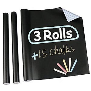 3 Rolls 17” x 78.7” Chalkboard Contact Paper - Adhesive Blackboard Wall Decal Vinyl Stickers, 15 Chalks Included