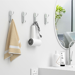 Adhesive Bathroom Towel Hook Wall: Heavy Duty Stick On Jacket Coat Wall Hanging Hooks for Shower 4 PCS Silver