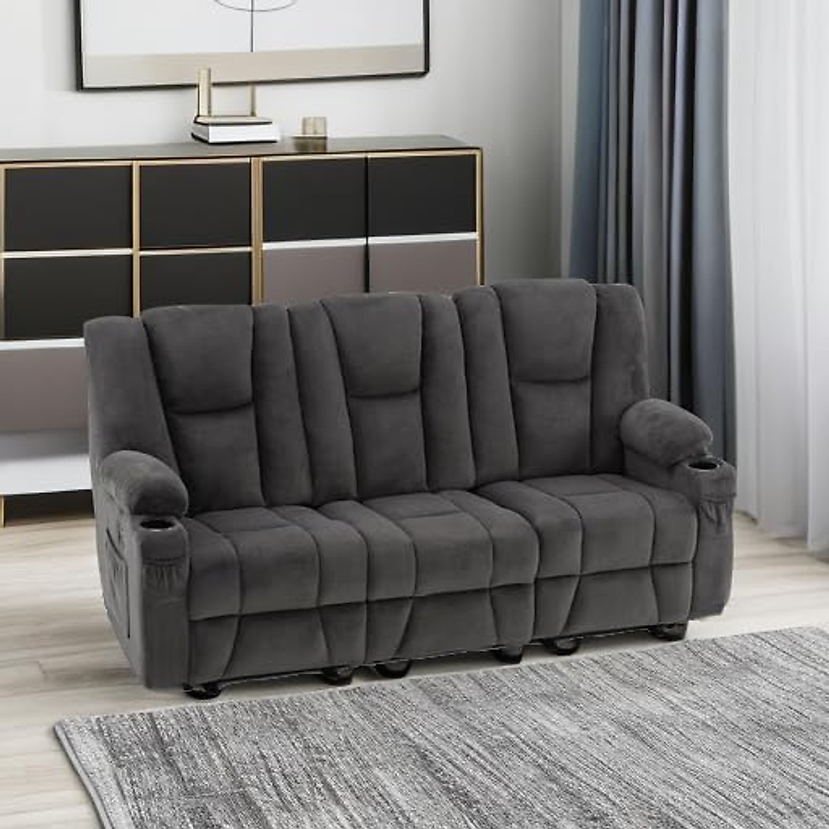 MCombo Power Reclining Sofa with Heat and Vibration,USB Ports, Cup Holders,3-Seat Dual Recliner Sofa for Living Room 6015 (Gray)