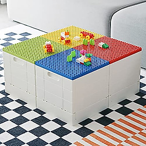 SHIMOYAMA Collapsible Duplo Storage Box, 2 Pack, 25L Storage Bins with Building Play Lid, 26 Qt. Foldable Organizer for Duplo Bricks, Yellow and Red