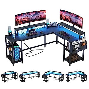 Gyfimoie L Shaped Desk with Power Outlet and LED Strip, 94'' Reversible Corner Computer Gaming Desk with Monitor Stand and Shelves, 2 Person Home Office Desk with Storage Bag and Hooks (Black)