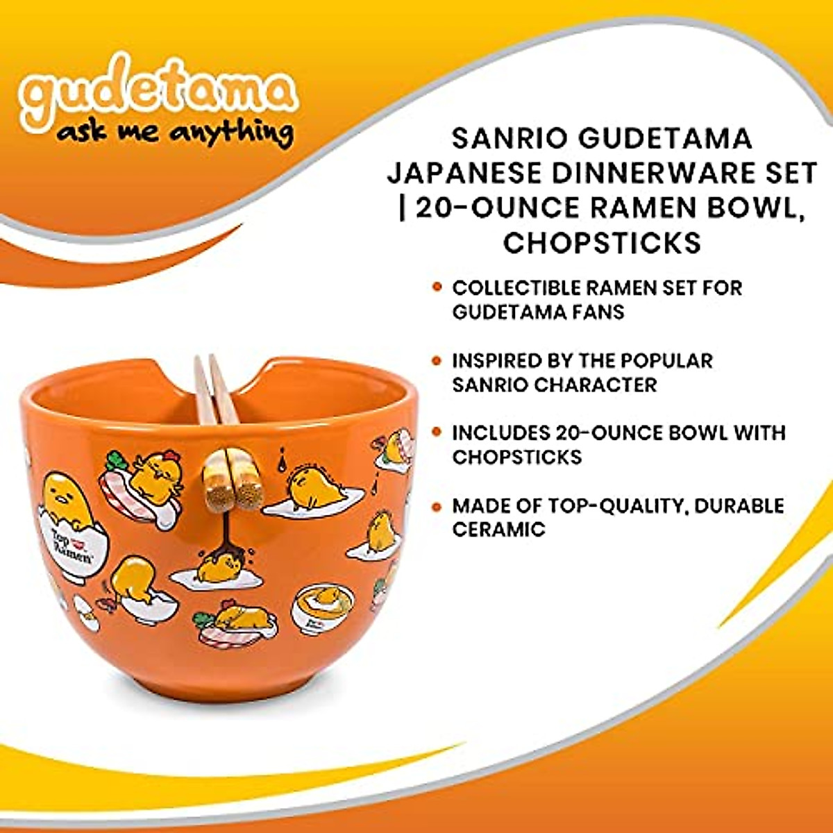 Gudetama Japanese Ceramic Dinnerware Set | Includes 20-Ounce Ramen Bowl and Wooden Chopsticks | Asian Food Dish Set For Home Kitchen | Kawaii Anime Gifts, Official Sanrio Lazy Egg Collectible