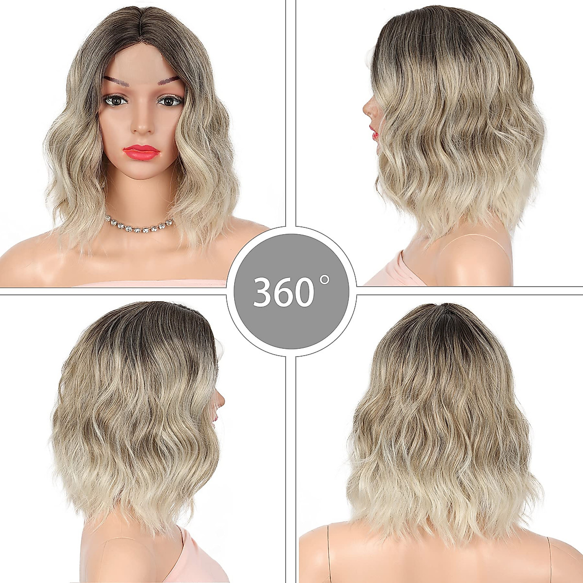 Kalyss 12" Synthetic Edge Lace Front Wigs for Women Short Wavy Bob Wig Middle Part Ombre Ash Blonde Wig for Daily Wear(12”, Ombre Ash Blonde)