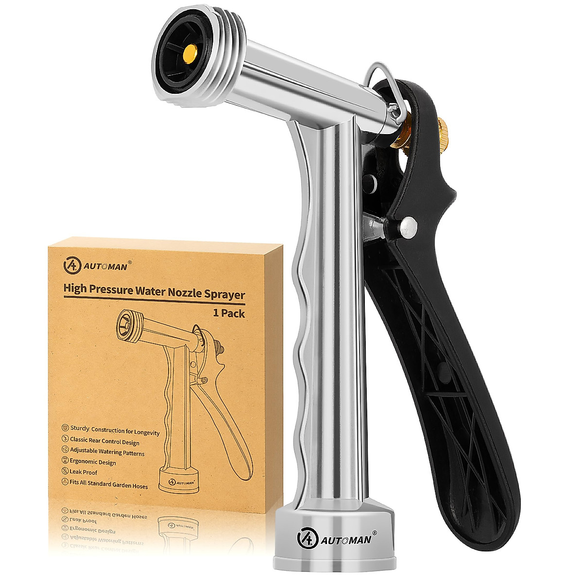 AUTOMAN Garden Hose Nozzle, 1 Pack High Pressure Nozzle, Full Size Pistol Grip Water Sprayer with Threaded Front, Adjustable Spray Water Flow for Car Washing, Plants Watering, Pets Showering, Cleaning