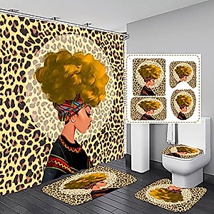 Traditional African American Woman Character Shower Curtain Sets, 4PCS Set for Bathroom Decor-1 HD Pattern Printing Shower Curtain & 3 Non-Slip Toilet Rugs and Lid Cover (Violet)