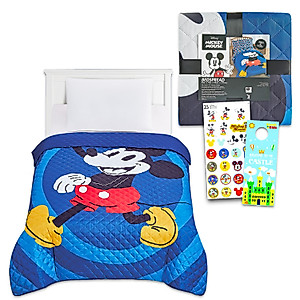 Mickey Mouse Bedspread Twin Set for Kids - Bundle with Mickey Mouse Quilted Bedspread for Twin Bed Plus Stickers, More | Mickey Mouse Twin Bedding Set for Boys