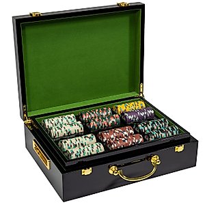 Showdown Poker Chips Set - 500 Heavyweight (13.5-Gram) Clay Composite Chips, Playing Cards, Dealer Button, & Hi-Gloss Wooden Case - Professional Casino Supplies, Kits, Holders, & Storage Container