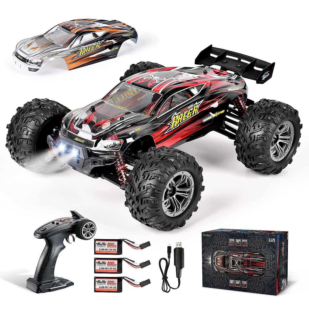 Hosim 1:16 36+kmh 4WD High Speed RC Car, Remote Control Truck Radio Off-Road Cars Vehicle Electronic Monster Hobby Buggy for Adults and Children 3 Batteries 40+min Play