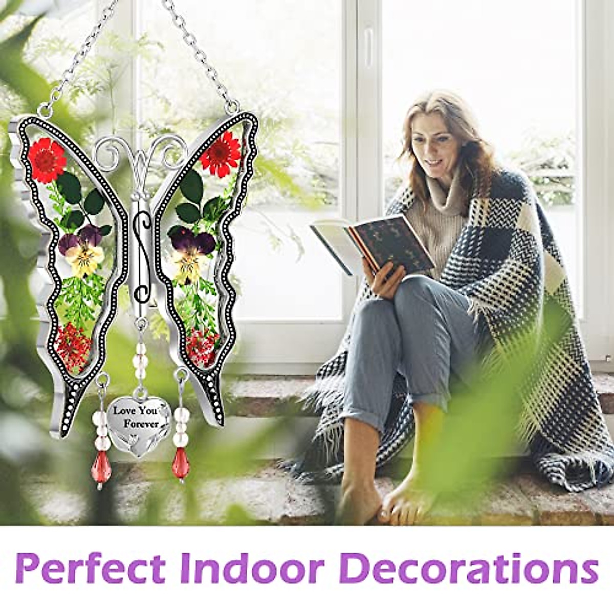 KY&BOSAM Suncatchers Love You Forever Butterfly Mom Gifts, Gift for Mom from Daughter Son, Suncatcher Gifts for Women Ornament for Windows Wind Chime with Pressed Flower Butterfly Embedded in Glass