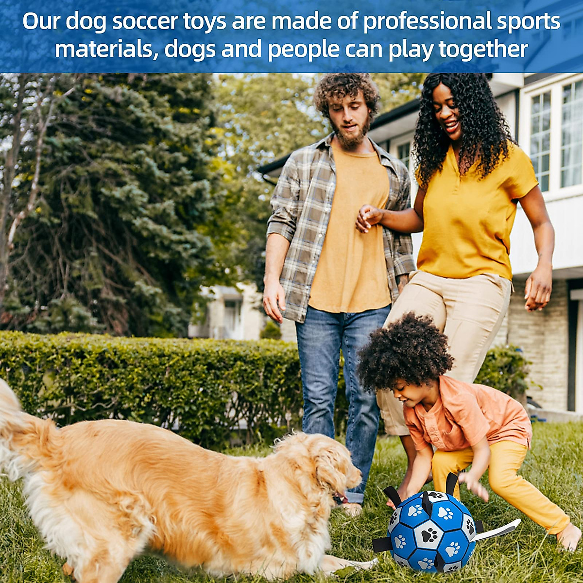 QDAN Dog Ropes Toys Soccer Ball with Straps, Interactive Dog Toys for Tug of War, Puppy Birthday Gifts, Dog Tug Toy, Dog Water Toy, Durable Dog Balls for Medium & Large Dogs-Blue&Grey（8 Inch）