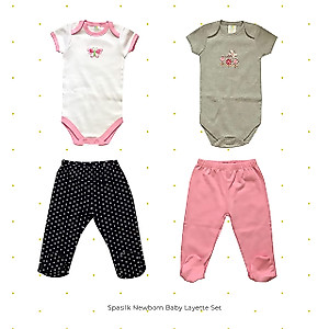 Spasilk Newborn Baby Layette Set, Short Sleeve Bodysuits and Pull-On Footed Pants, 4 Piece, 0-3 Months - Pink & Grey Layette Set