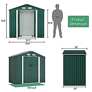 HOGYME 7' x 4.2' Storage Shed Outdoor Metal Shed, Garden Sheds &Outdoor Storage Suitable for Lawn Mower Ladder Bike, Backyard Steel Shed with Lockable/Sliding Doors and Stable Base, 4 Vents, Green