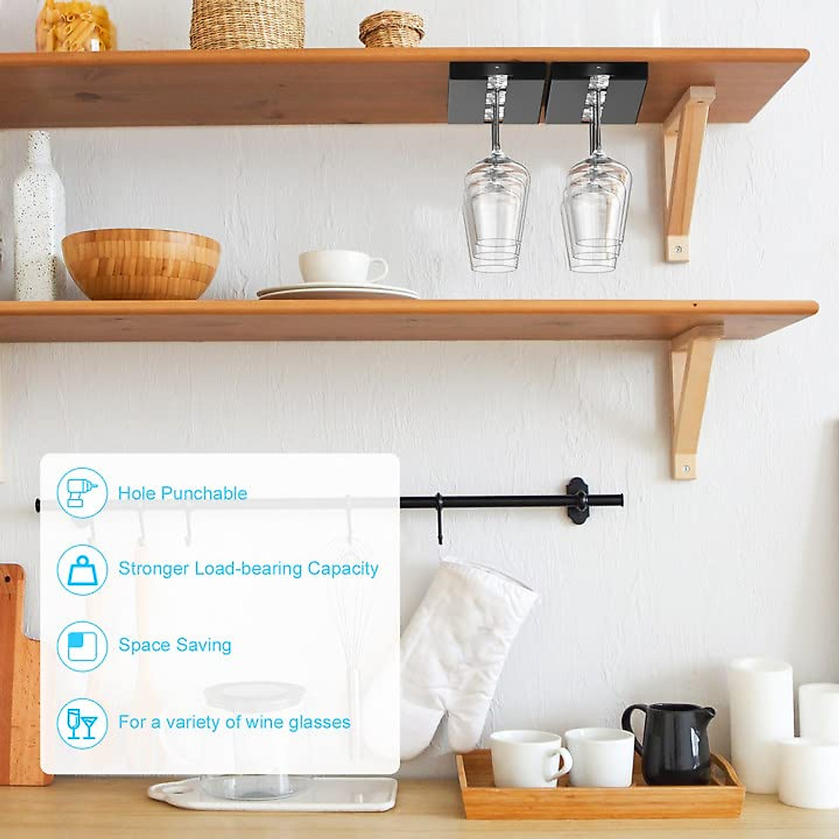 Wine Glass Rack - Under Cabinet Stemware Rack, Wine Glass Holder Glass Storage Hanger for Bar, kitchen, Dining Room (Black 2 Pcs Set)